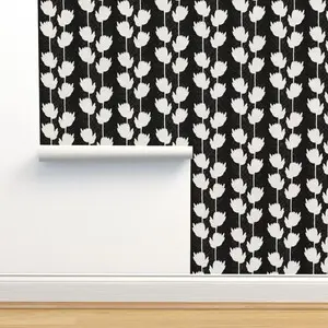 Spoonflower Protea Trails White Silhouettes On Black Medium 100% Natural Sisal Grasscloth Wallcovering - Black,white,gray