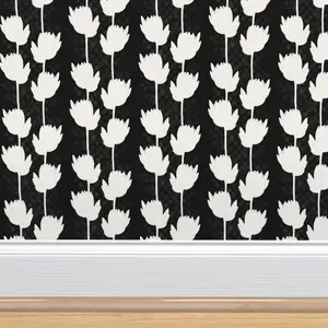 Spoonflower Protea Trails White Silhouettes On Black Medium 100% Natural Sisal Grasscloth Wallcovering - Black,white,gray