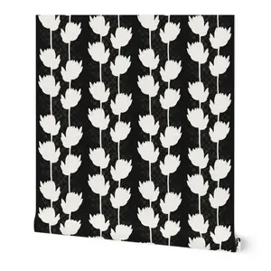 Spoonflower Protea Trails White Silhouettes On Black Medium 100% Natural Sisal Grasscloth Wallcovering - Black,white,gray