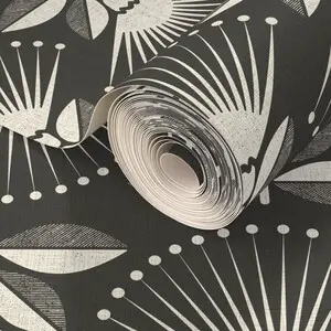 Spoonflower Pohutukawa Stamp Sugar Raven 100% Natural Sisal Grasscloth Wallcovering - White,gray