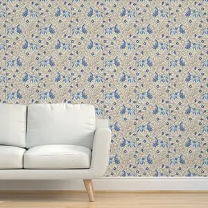 Spoonflower Elephant And Peacock Rococo Silver Filigree With 100% Natural Sisal Grasscloth Wallcovering - Gray,blue