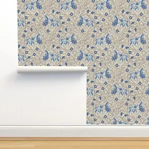 Spoonflower Elephant And Peacock Rococo Silver Filigree With 100% Natural Sisal Grasscloth Wallcovering - Gray,blue