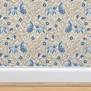 Spoonflower Elephant And Peacock Rococo Silver Filigree With 100% Natural Sisal Grasscloth Wallcovering - Gray,blue