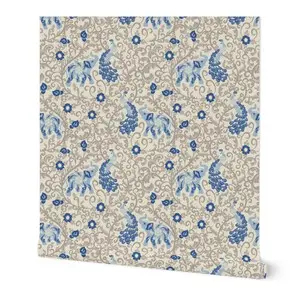 Spoonflower Elephant And Peacock Rococo Silver Filigree With 100% Natural Sisal Grasscloth Wallcovering - Gray,blue
