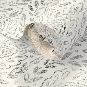 Spoonflower Distressed Grey Damask Leaves 100% Natural Sisal Grasscloth Wallcovering - White,gray