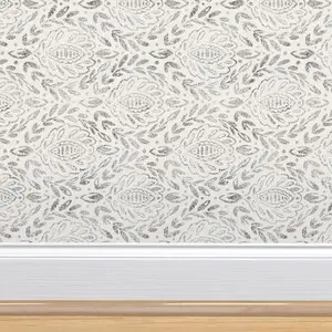 Spoonflower Distressed Grey Damask Leaves 100% Natural Sisal Grasscloth Wallcovering