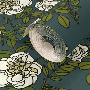 Spoonflower Climbing Roses On Navy Blue Small 100% Natural Sisal Grasscloth Wallcovering Green,gray