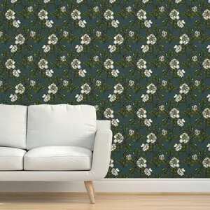 Spoonflower Climbing Roses On Navy Blue Small 100% Natural Sisal Grasscloth Wallcovering - Green,gray