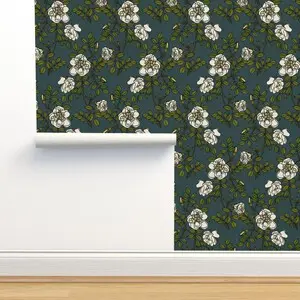 Spoonflower Climbing Roses On Navy Blue Small 100% Natural Sisal Grasscloth Wallcovering - Green,gray