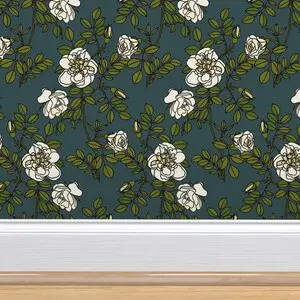 Spoonflower Climbing Roses On Navy Blue Small 100% Natural Sisal Grasscloth Wallcovering - Green,gray