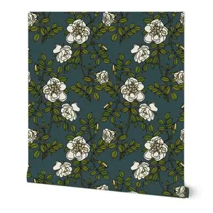 Spoonflower Climbing Roses On Navy Blue Small 100% Natural Sisal Grasscloth Wallcovering - Green,gray