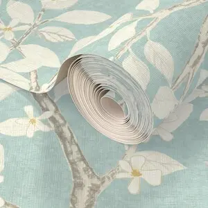 Spoonflower Robins Egg Climbing Citrus Grove With Peonies 100% Natural Sisal Grasscloth Wallcovering Blue,gray,mint