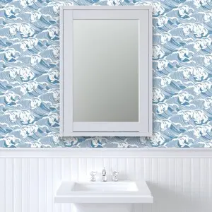 Spoonflower Nautical Waves Sea Horses Coastal Blue White Ocean Custom Pre-pasted Wallpaper - Blue,white
