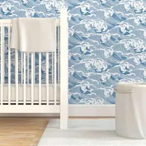 Spoonflower Nautical Waves Sea Horses Coastal Blue White Ocean Custom Pre-pasted Wallpaper - Blue,white