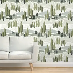 Spoonflower Italian Country Trees Landscape House Farm Custom Pre-pasted Wallpaper - Green