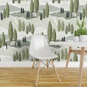 Spoonflower Italian Country Trees Landscape House Farm Custom Pre-pasted Wallpaper - Green