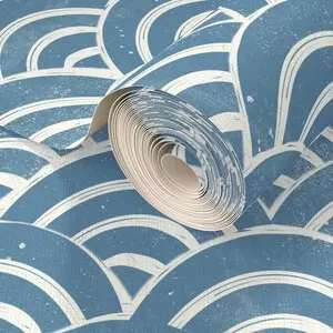 Spoonflower Large Japanese Waves Pattern Seigaha Wave Ocean 100% Natural Sisal Grasscloth Wallcovering - Blue