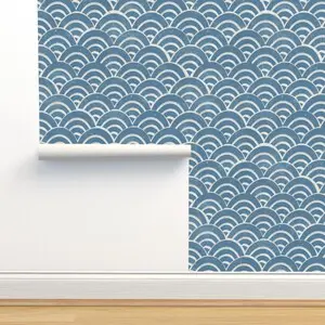 Spoonflower Large Japanese Waves Pattern Seigaha Wave Ocean 100% Natural Sisal Grasscloth Wallcovering