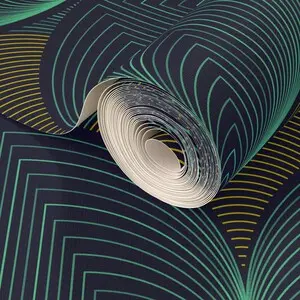 Spoonflower Geometric Art Deco Flower 100% Natural Sisal Grasscloth Wallcovering - Black,green,blue