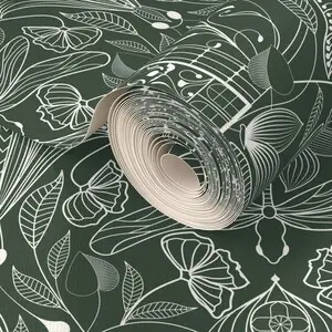 Spoonflower Victorian Greenhouse Damask Flowers Butterfly 100% Natural Sisal Grasscloth Wallcovering - Green,gray,mint