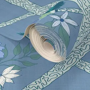 Spoonflower Branch Blue Greens 100% Natural Sisal Grasscloth Wallcovering - Green,blue