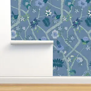 Spoonflower Branch Blue Greens 100% Natural Sisal Grasscloth Wallcovering