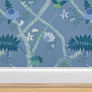 Spoonflower Branch Blue Greens 100% Natural Sisal Grasscloth Wallcovering