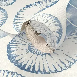 Spoonflower Watercolor Steel Blue Shells Ammonite Nautilus 100% Natural Sisal Grasscloth Wallcovering White,blue,gray