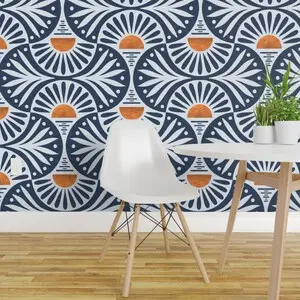 Spoonflower Bold Abstract Dark Orange Leaves Botanical Custom Pre-pasted Wallpaper - Blue