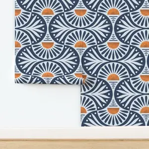 Spoonflower Bold Abstract Dark Orange Leaves Botanical Custom Pre-pasted Wallpaper - Blue