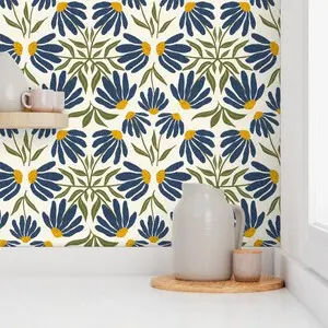 Spoonflower Echinacea Botanical Tile Wildflower Yellow Custom Pre-pasted Wallpaper