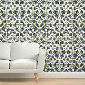 Spoonflower Echinacea Botanical Tile Wildflower Yellow Custom Pre-pasted Wallpaper - Blue