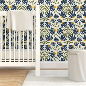 Spoonflower Echinacea Botanical Tile Wildflower Yellow Custom Pre-pasted Wallpaper - Blue