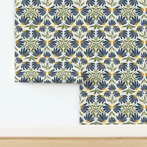 Spoonflower Echinacea Botanical Tile Wildflower Yellow Custom Pre-pasted Wallpaper - Blue