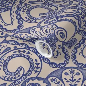 Spoonflower Nautical Kraken Ink Tan Ornamental Custom Pre-pasted Wallpaper - Blue