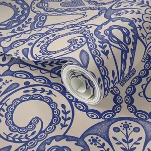 Spoonflower Nautical Kraken Ink Tan Ornamental Custom Pre-pasted Wallpaper - Blue