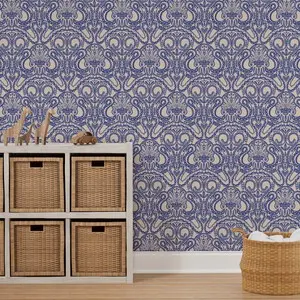 Spoonflower Nautical Kraken Ink Tan Ornamental Custom Pre-pasted Wallpaper - Blue