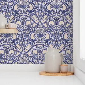 Spoonflower Nautical Kraken Ink Tan Ornamental Custom Pre-pasted Wallpaper - Blue