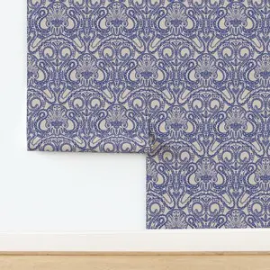 Spoonflower Nautical Kraken Ink Tan Ornamental Custom Pre-pasted Wallpaper - Blue