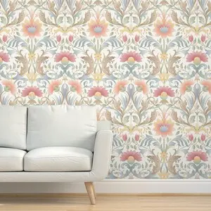 Spoonflower Floral Ornamental Italian Art And Craft Villa Custom Pre-pasted Wallpaper - Pink