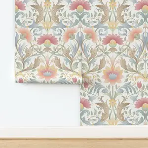 Spoonflower Floral Ornamental Italian Art And Craft Villa Custom Pre-pasted Wallpaper - Pink