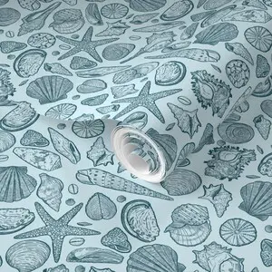 Spoonflower Blue Seashells Monochromatic Medium Scale Line Art Custom Pre-pasted Wallpaper Blue