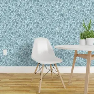 Spoonflower Seashells Monochromatic Medium Scale Line Art Custom Pre-pasted Wallpaper - Blue