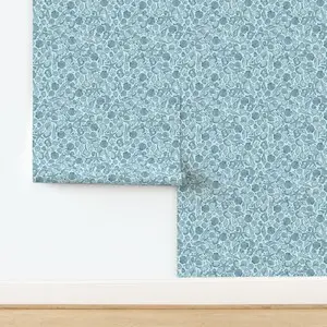 Spoonflower Seashells Monochromatic Medium Scale Line Art Custom Pre-pasted Wallpaper - Blue