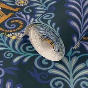 Spoonflower Tiger And Peacock Damask Large Darkteal Background 100% Natural Sisal Grasscloth Wallcovering - Blue,brown