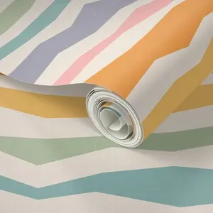 Spoonflower Stripes Colorful Fun Playful Bright Retro Custom Pre-pasted Wallpaper - Rainbow