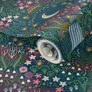 Spoonflower Night Moon Meadow Fireflies Magical Custom Pre-pasted Wallpaper