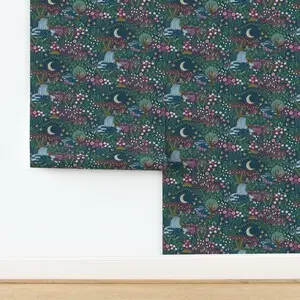 Spoonflower Night Moon Meadow Fireflies Magical Custom Pre-pasted Wallpaper
