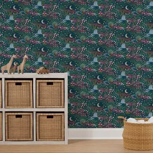 Spoonflower Night Moon Meadow Fireflies Magical Custom Pre-pasted Wallpaper