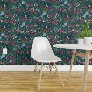 Spoonflower Night Moon Meadow Fireflies Magical Custom Pre-pasted Wallpaper